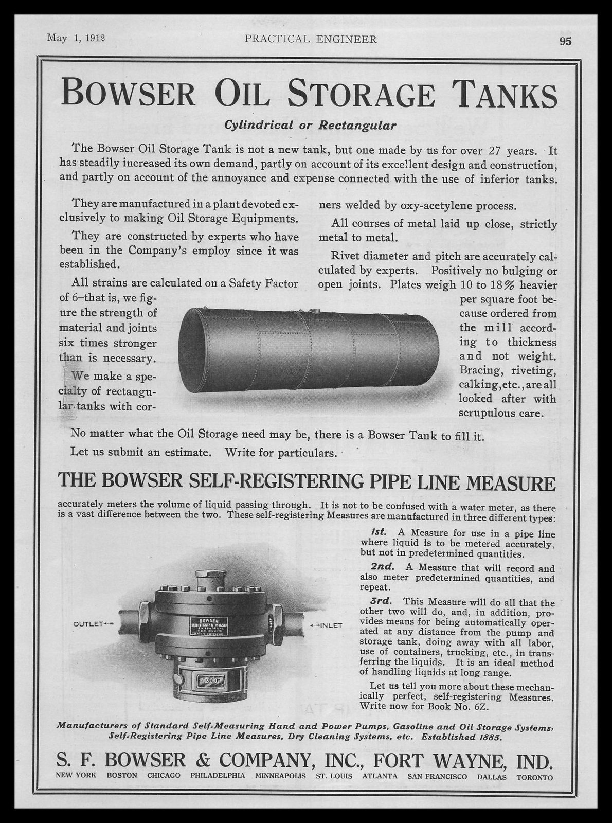 1912 S F Bowser & Co. Fort Wayne Indiana Oil Storage Pipe Line Measure ...