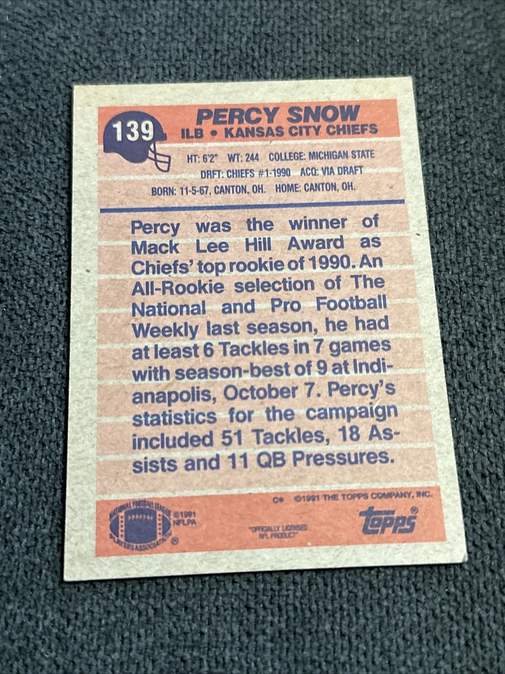 1991 Topps NFL Percy Snow #139 | eBay
