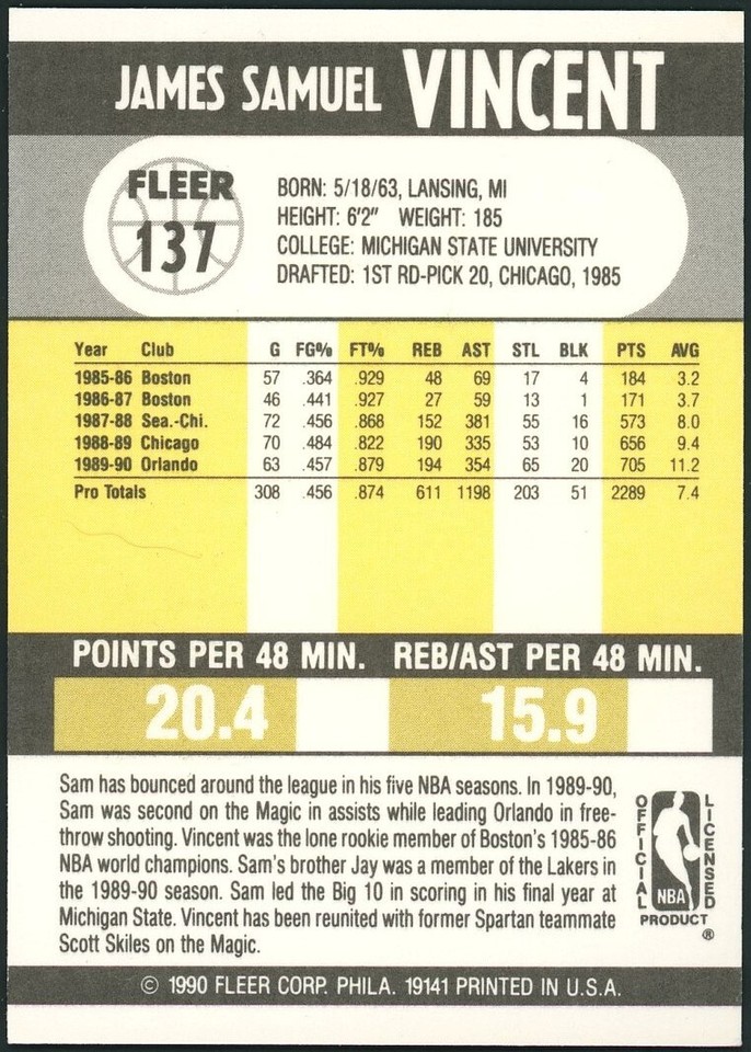 1990 Fleer Sam Vincent Card #137 | eBay