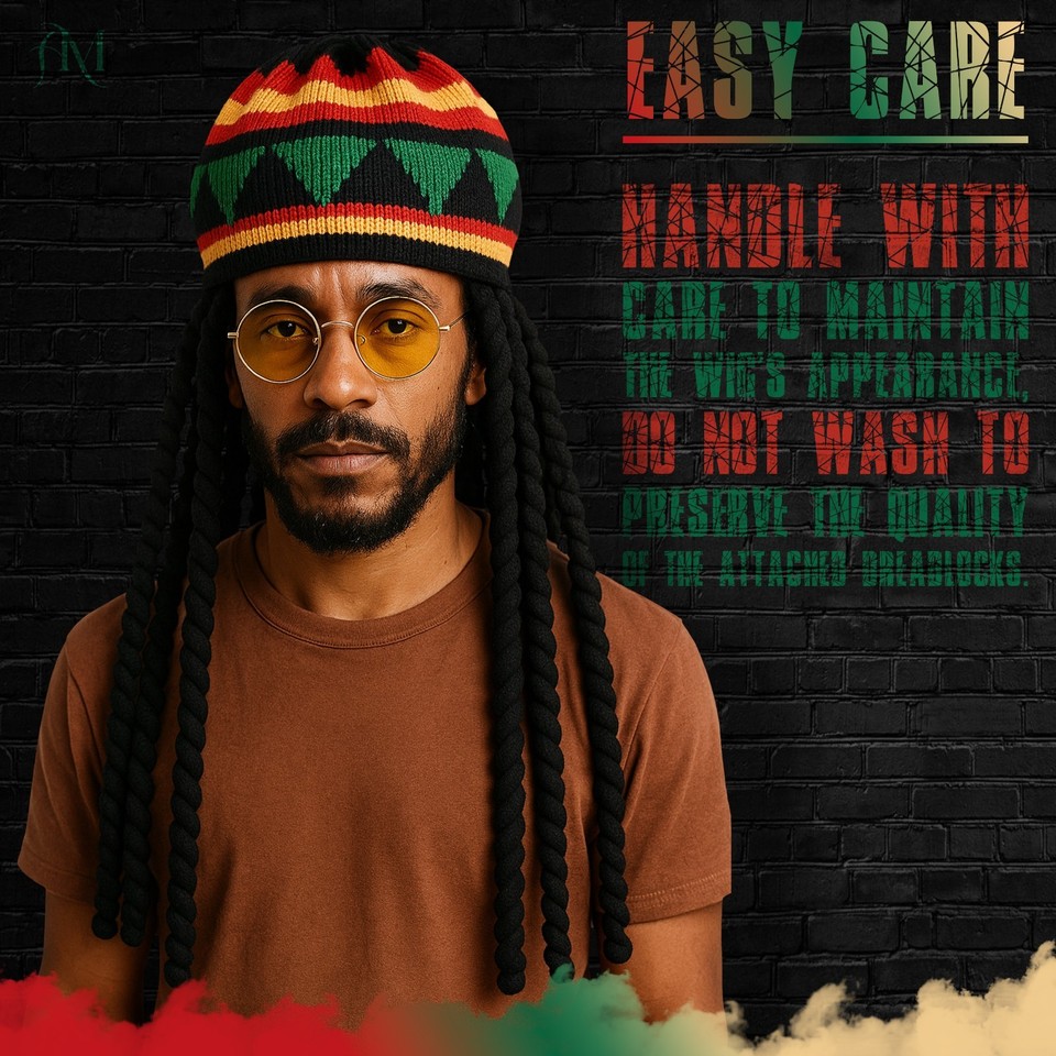 Rasta Hat with Black Dreadlocks Wig Reggae Jamaican Hippie Costume ...