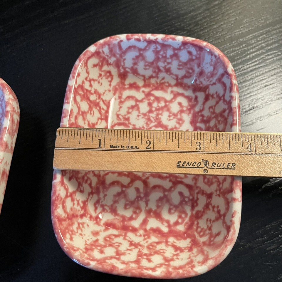 2 Vintage BTC Henn Pottery USA Red Spongeware Relish Dish Snack Soap ...