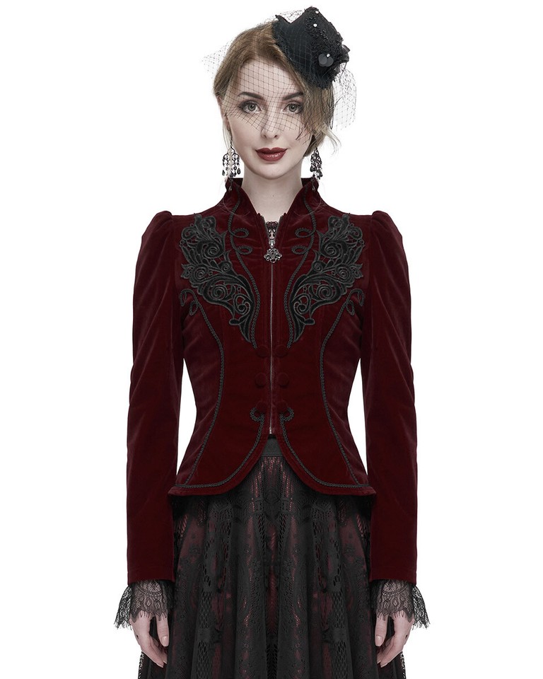 Devil Fashion Gothic Riding Jacket Red Velvet Black Lace Steampunk ...