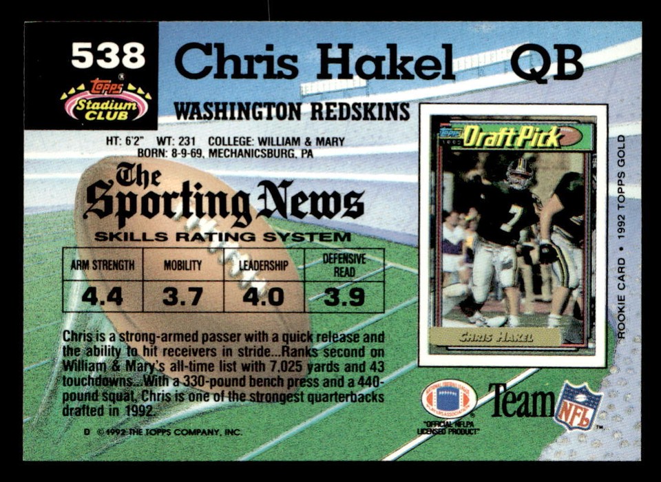 Chris Hakel 1992 Stadium Club Rookie Card #538 Washington Redskins | eBay