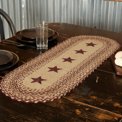 Burgundy Tan Stenciled Stars Braided Jute 13x36 Runner Primitive Rustic ...