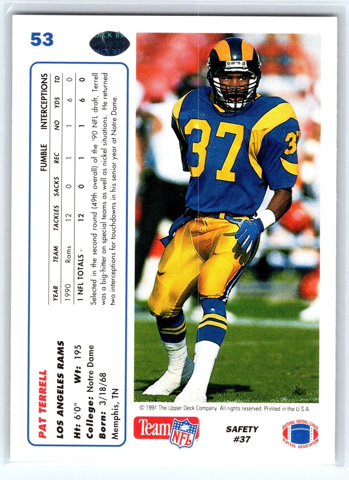 1991 Upper Deck #53 Pat Terrell Football Los Angeles Rams | eBay