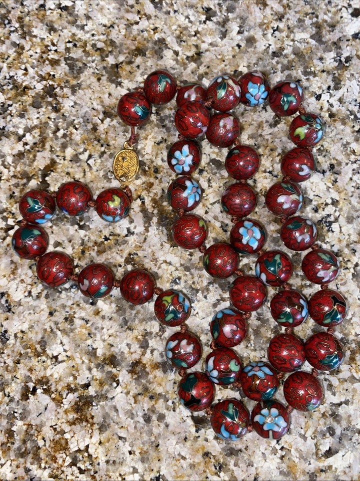 Chinese Red Turquoise Enamel Flowers Single Knotted Cloisonné Beads ...