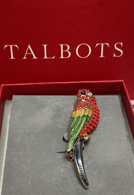 TALBOTS GOLD TONE ENAMEL CABOCHON PARROT BIRD FIGURAL PIN BROOCH NEW ...