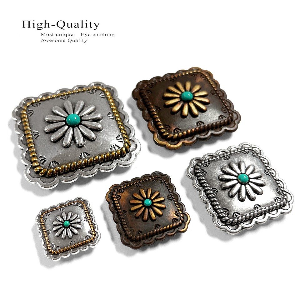 Set of 6 Square Conchos Southwestern Antique Gold Rope Edge Concho ...