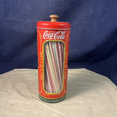 Coca-Cola Coke Round Tin Straw Holder & Dispenser With Straws - Retro ...