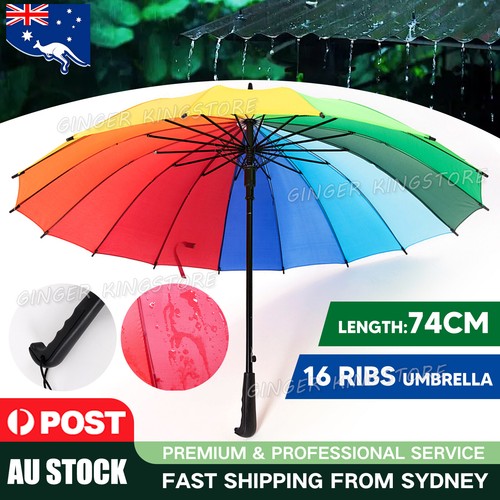 16 Ribs Large Rainbow Umbrella Fashion Straight Long Handle Anti UV Sun ...