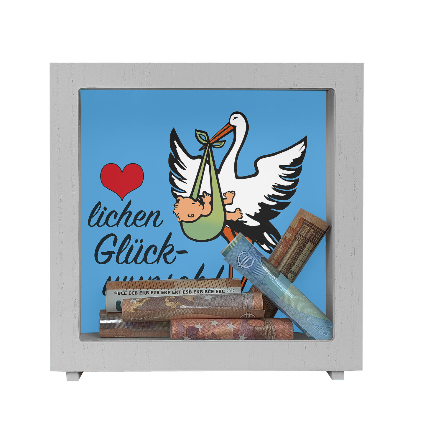 Storch und Kind Rahmen Spardose aus Holz zur Geburt mit niedlichem ...
