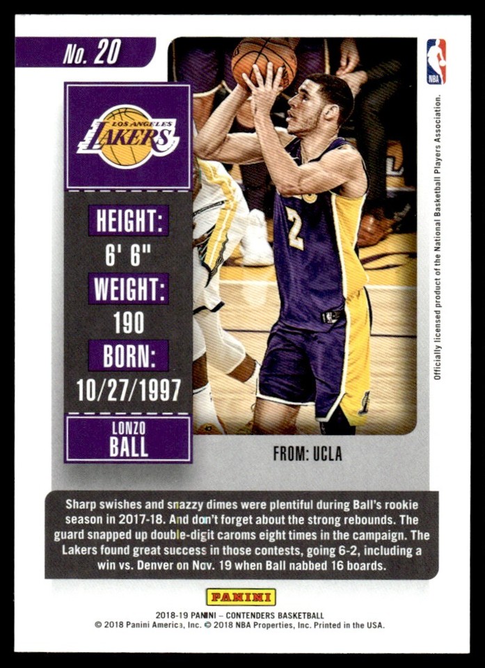 2018-19 Panini Contenders Lonzo Ball Los Angeles Lakers #20 | eBay