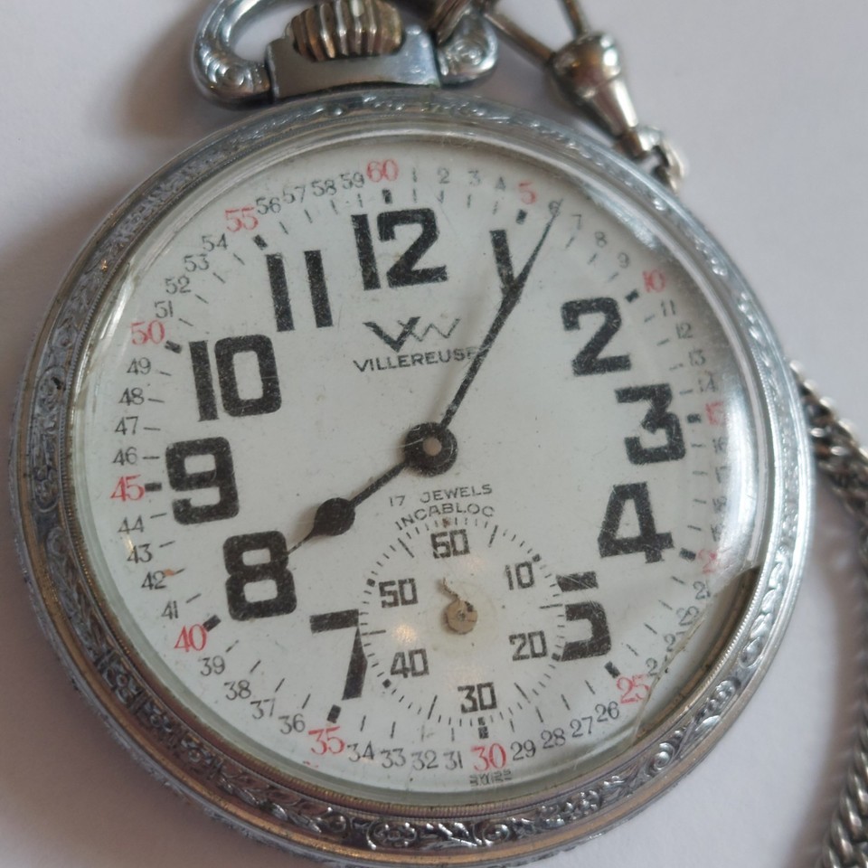 Vintage Villereuse 17j Mens Stainless Steel Pocket Watch Railroad Case ...