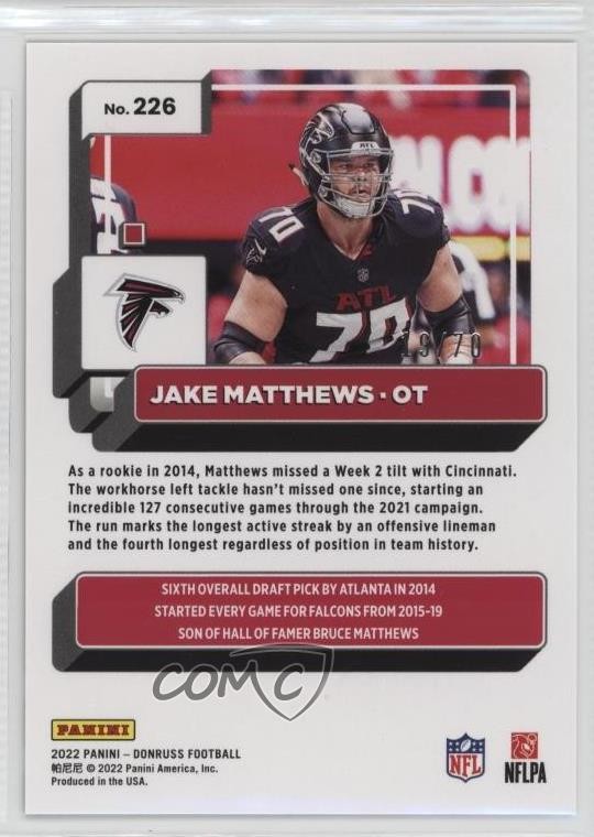 2022 Panini Donruss Jersey Number /70 Jake Matthews #226 | eBay UK