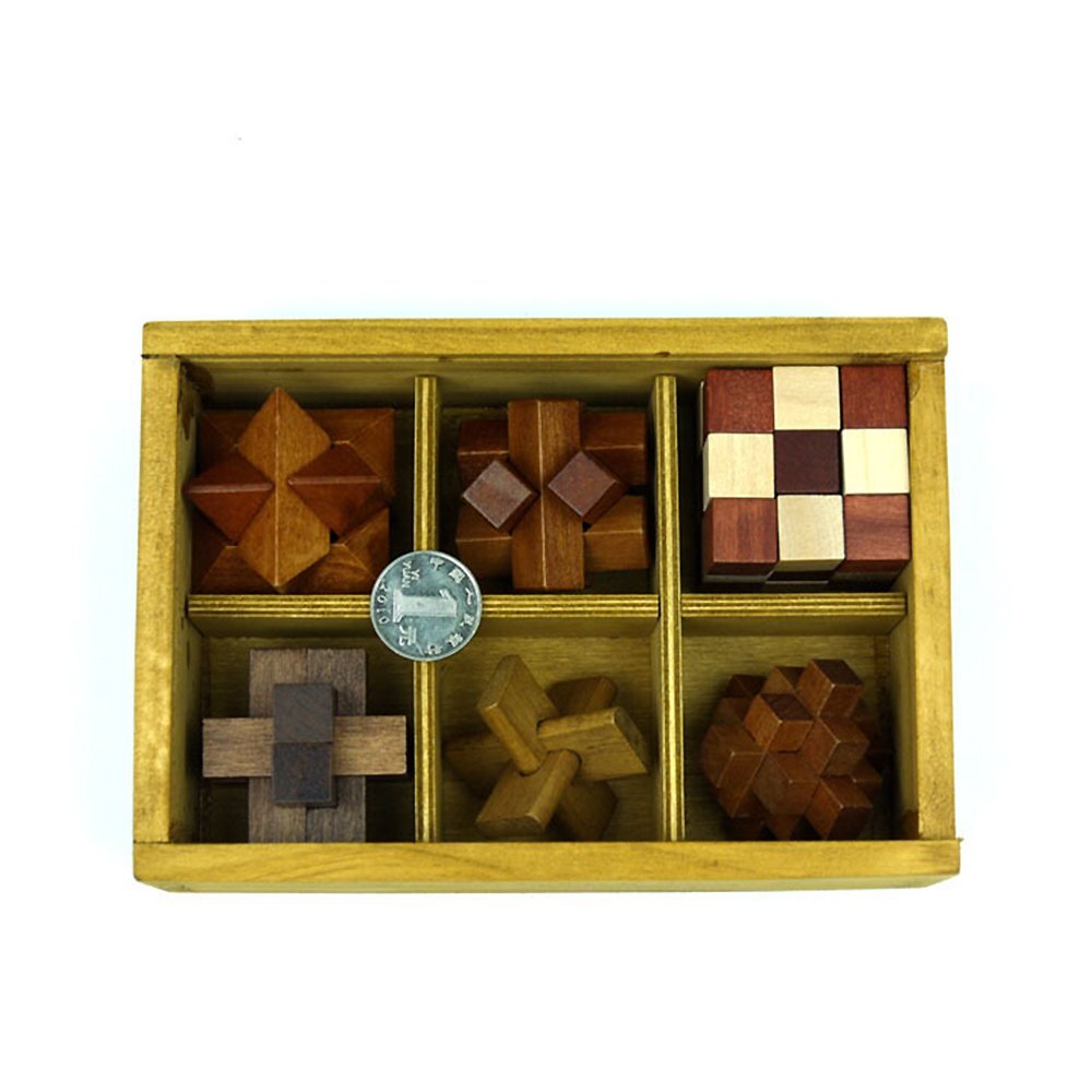 6PCS/Set Wooden Puzzle IQ Brain Teaser Burr Interlocking Puzzles Game ...