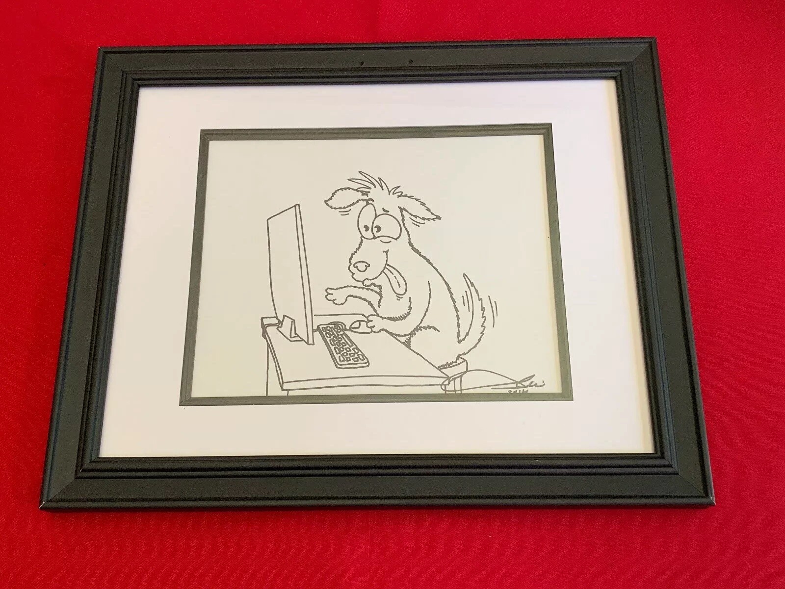 Framed Art Cartoon Drawing Of FRAZZLED DOG AT COMPUTER Signed Julei ...
