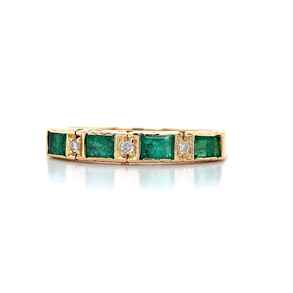 Vintage 18K Yellow Gold Alternating Emerald & Diamond Stackable Band ...