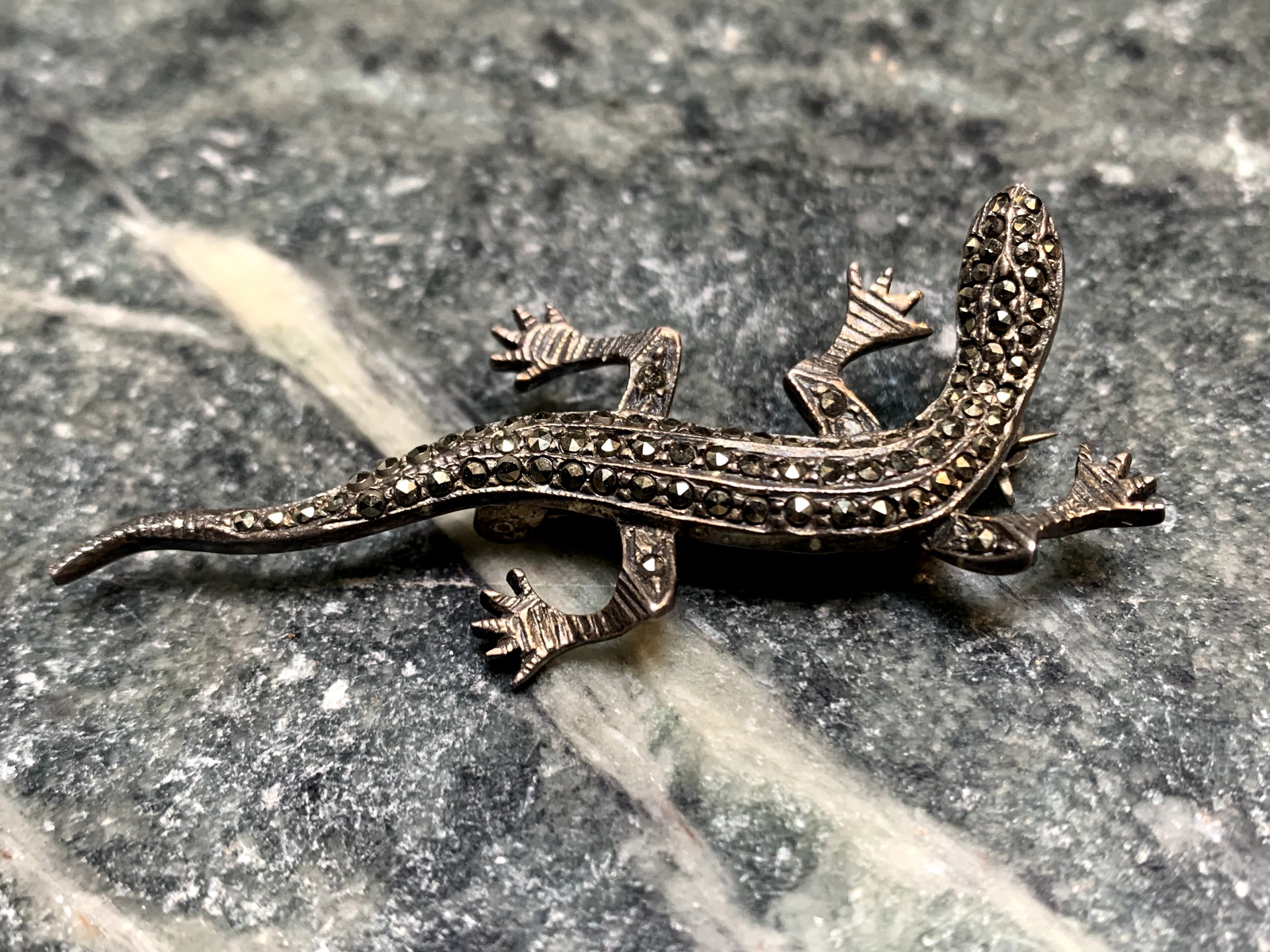 Antique Silver and Marcasite Salamander Pin - Gem