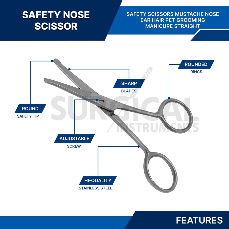 3 Safety Scissors Mustache, Nose, Ear Hair Pet Grooming, 4.5" Straight ...