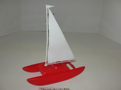 Vintage Tico Toys Catamaran Sail Boat Plastic 11.5" Tall 10" Long Red ...
