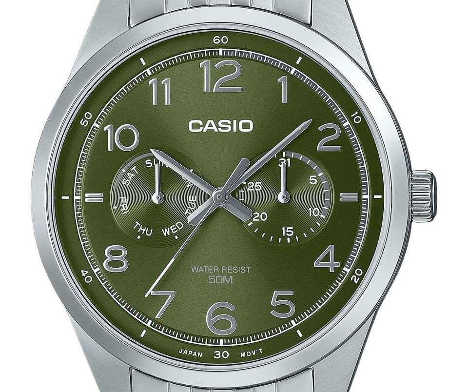 Casio MTP-E340D-3AV Stainless Steel Green Dial Day/Date Quartz Analog ...