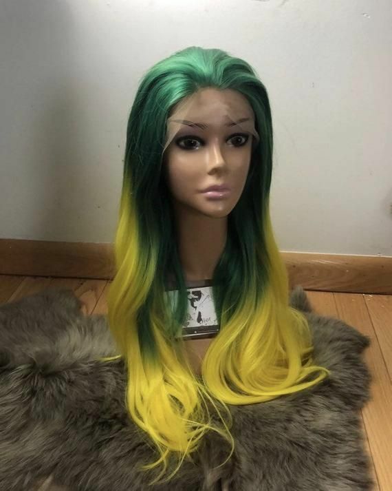 Long Straight Lace Front Wig Green Yellow Synthetic Heat Resistant Wigs ...