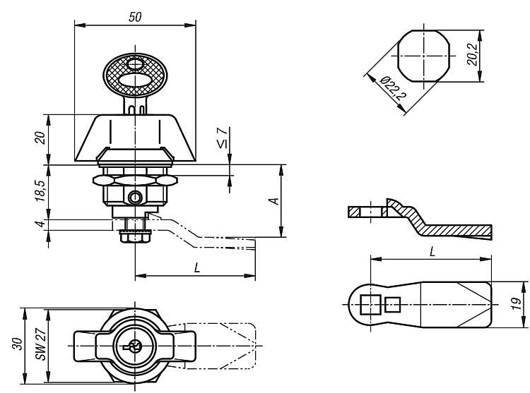 KIPP 1/4-Turn Lock w/Lockable Wing Grip & Keys K0525.2183 + Tongue (Var ...