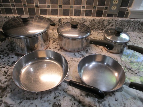 Vtg 8 Pc Pots & Pans Lot Revere Ware 1801 Copper Bottom Double Circle ...