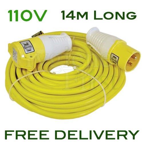 110V Trailing Extension Lead - 14m Long, 2.5mm Thick Cable - 16 Amp ...