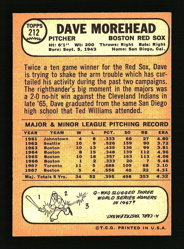 1968 TOPPS BASEBALL Baseball Dave Morehead #212 | eBay