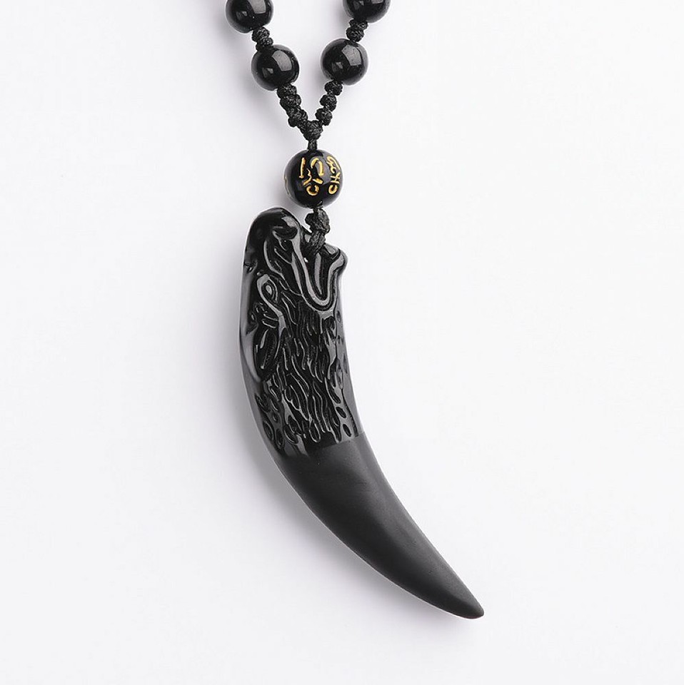 Natural black Obsidian Crystal Wolf Tooth Necklace pendant bead with ...