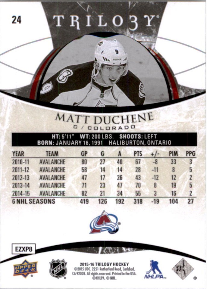 2015-16 Upper Deck Trilogy Colorado Avalanche Hockey Card #24 Matt ...