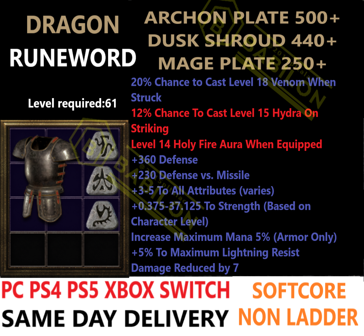 PC PS4 PS5 XBOX SWITCH NON-LAD Dragon Armor Runeword Diablo 2 ...