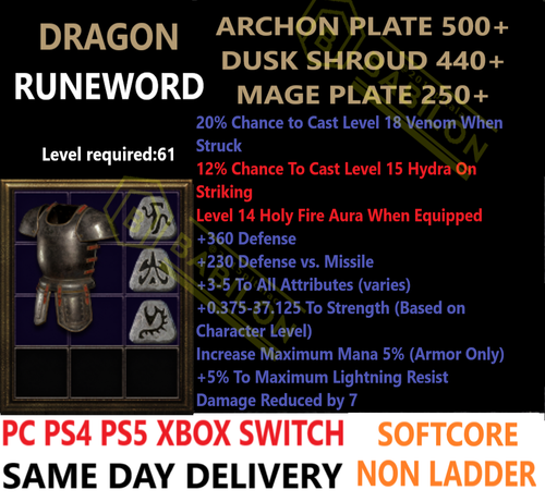 PC PS4 PS5 XBOX SWITCH NON-LAD Dragon Armor Runeword Diablo 2 ...