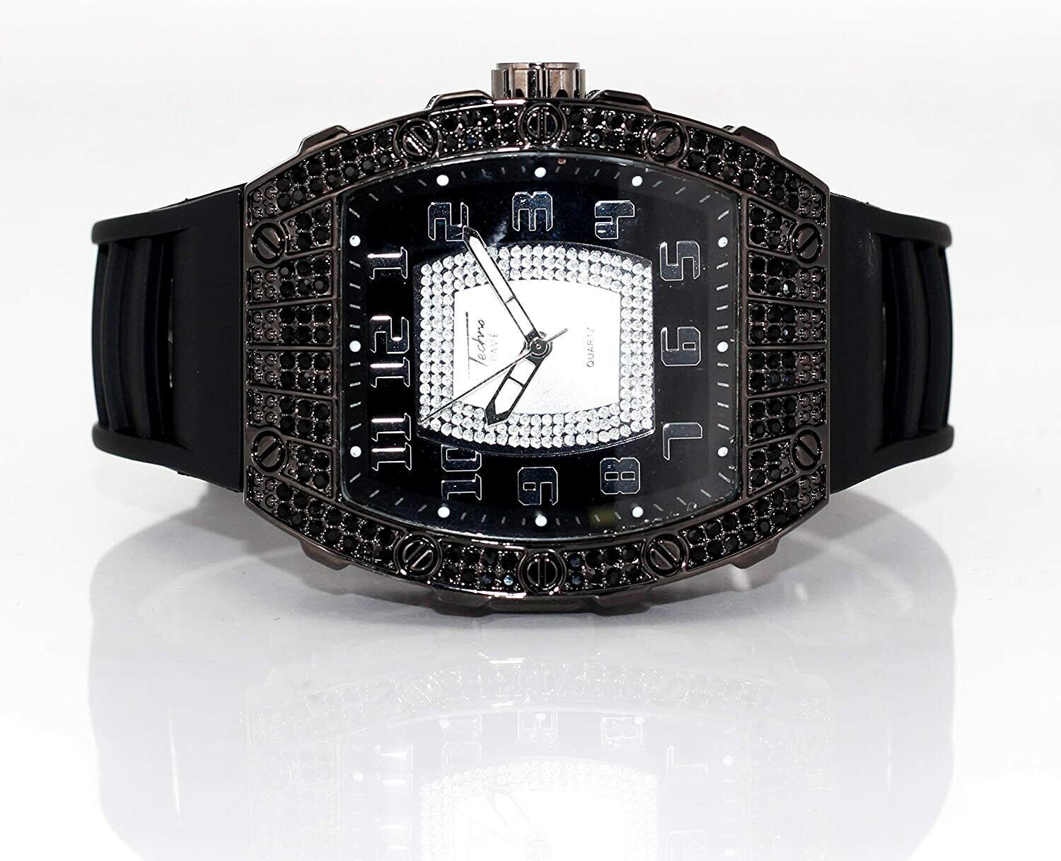 Men Iced Watch Black Bling Rapper Stylish Simulate Diamond Silicone ...
