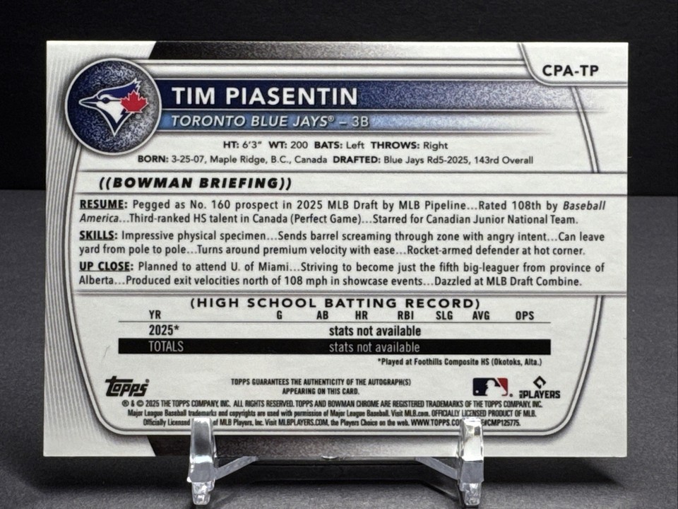 2025 Bowman Draft Prospect Auto Tim Piasentin #CPA-TP Purple Refractor ...