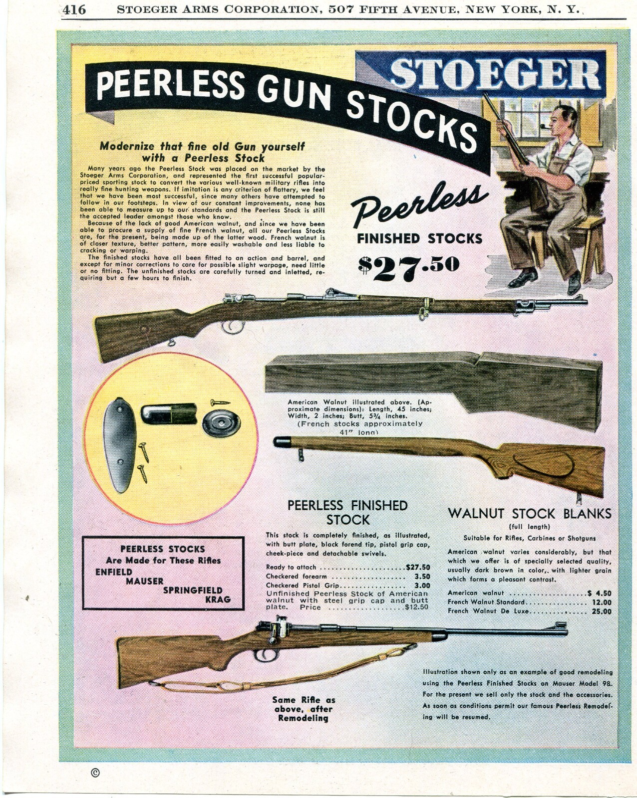 1949 Print Ad of Peerless Rifle Gun Stocks American Walnut Mauser Model ...