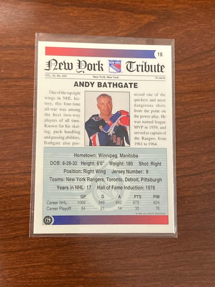 ANDY BATHGATE 1991-92 ULTIMATE NEW YORK RANGERS CARD #18 | eBay