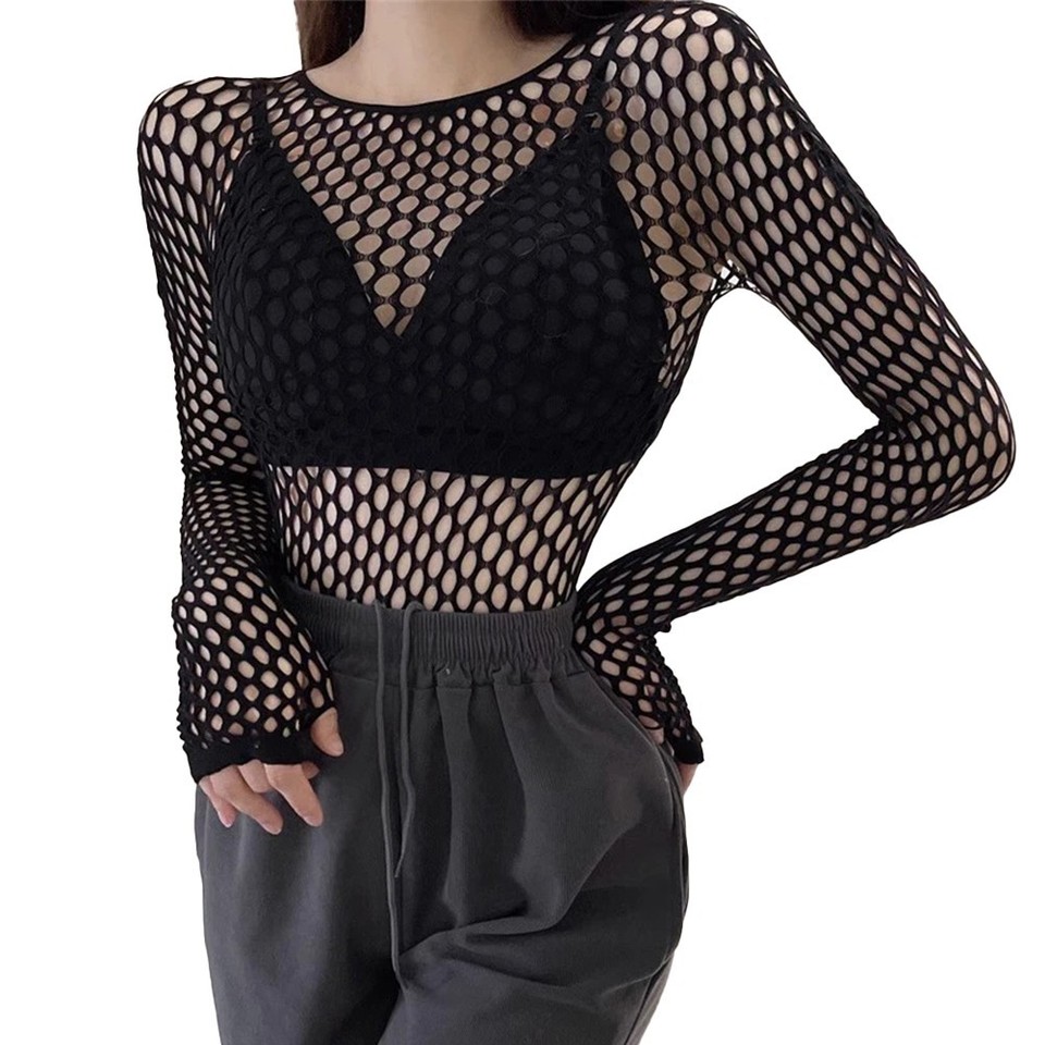 Sexy Black Fishnet Women's Tops with Mesh Sleeves for Fashionable Look ...