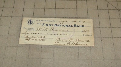 1924 Cancelled Check First National Bank of New Bloomfield ...