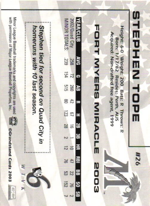 2003 GRANDSTAND FORT MYERS MIRACLE STEPHEN TOPE #26 | eBay