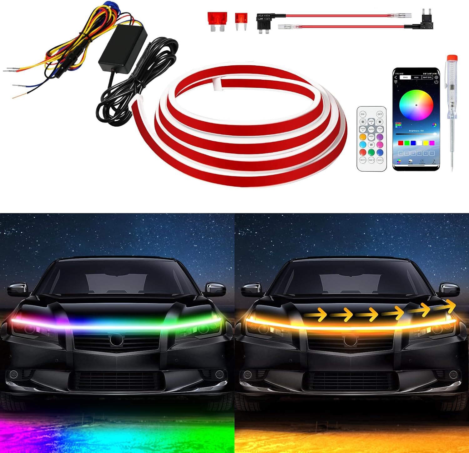 71'' RGB Start Scan Dynamic LED Car Truck Hood Light Strip Turn Lamp ...