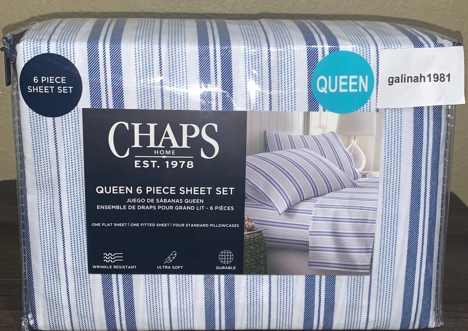 CHAPS by Ralph Lauren QUEEN Sheet Set w/4 Pillowcases White Blue Dashed ...