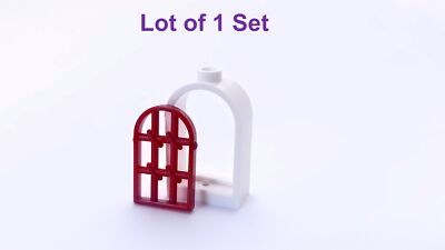 Lego 1x2x2 2/3 White Window Rounded Top with Dark Red Twisted Bar Pane ...