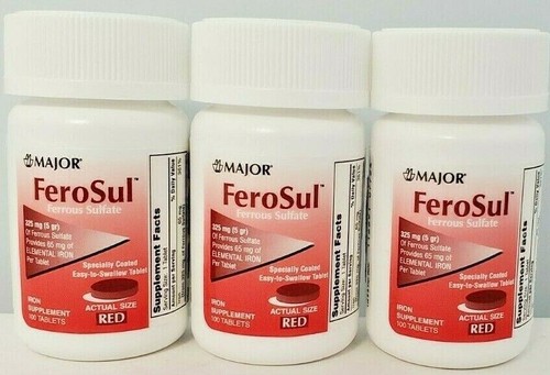 Major FeroSul Ferrous Sulfate 325mg Red Iron Supplement Tablets 100 Ct ...