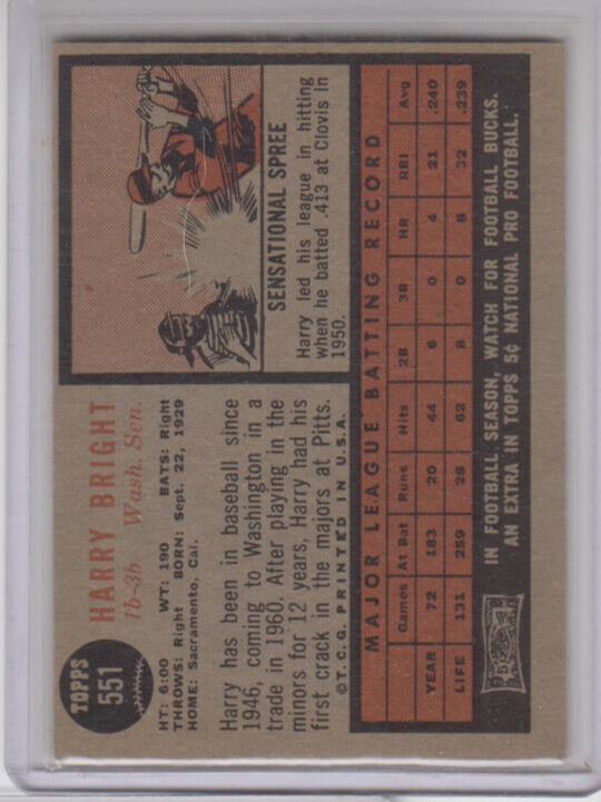 1962 Topps Harry Bright #551 RARE Hi # Washington Senators EXMT | eBay