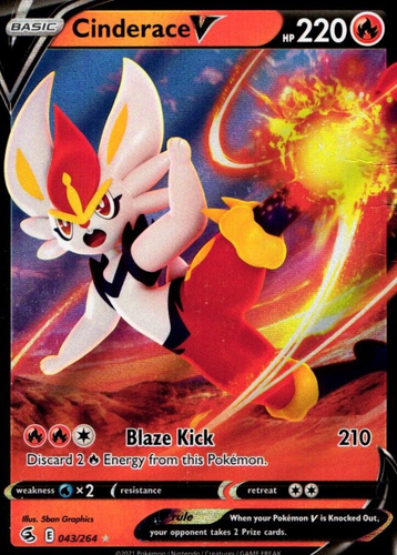Pokemon Basic Cinderace V 043/264 Fusion Strike Rare Holo 2021 Trading ...