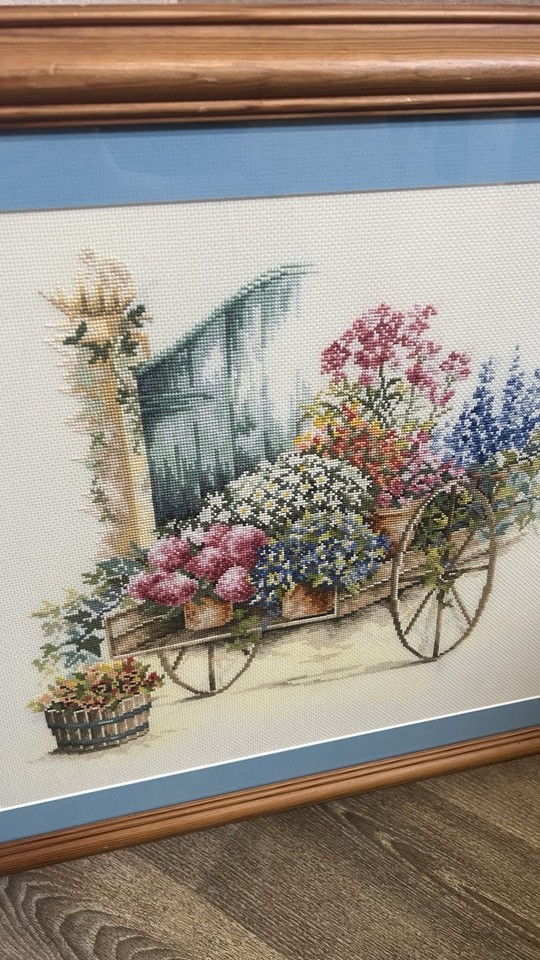 Framed Cross Stitch Lanarte Flower Cart Wall Hanging Home | eBay UK