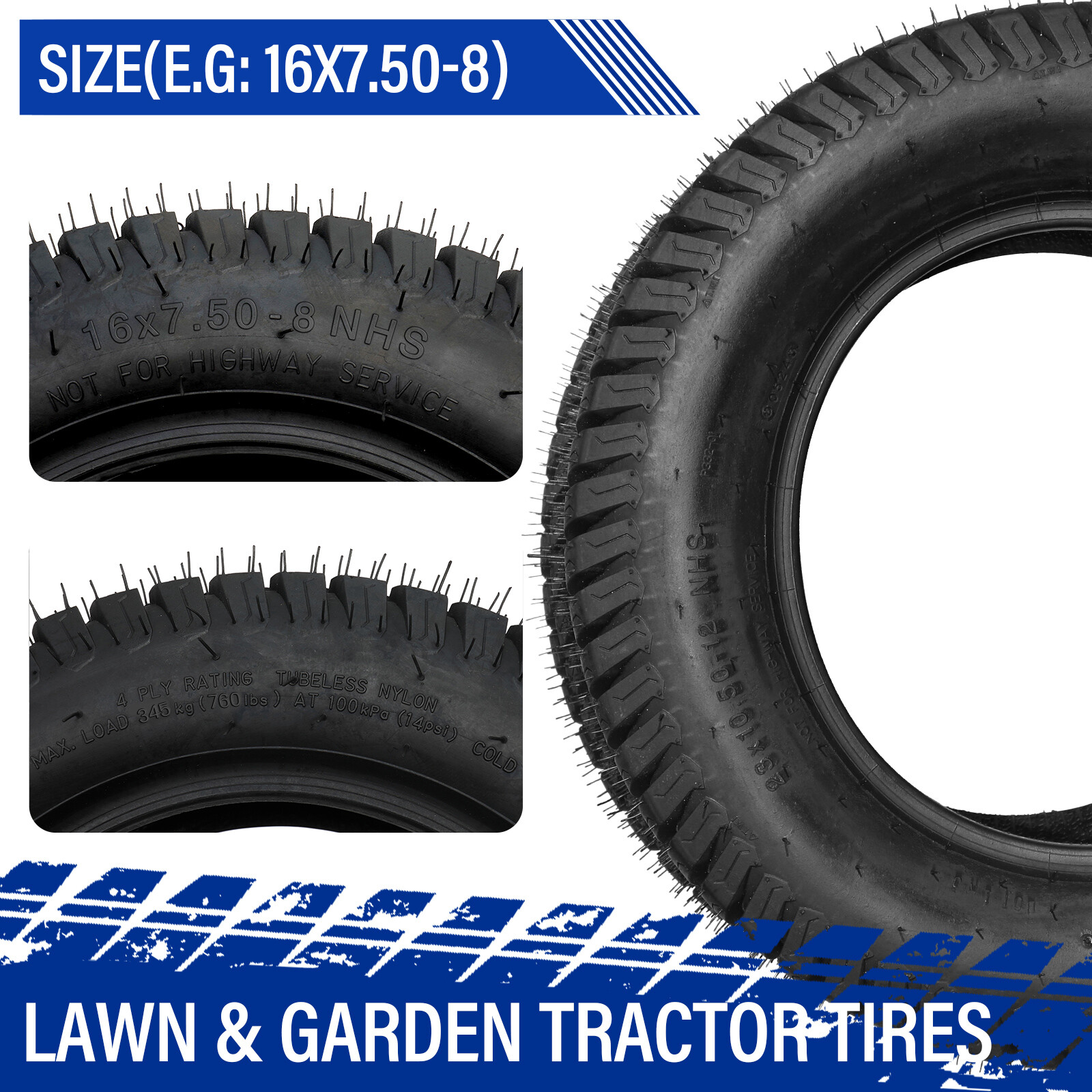 2pcs 16x7.50-8 Lawn & Garden Mower Tractor Turf Tires 4PR 16x7.5-8 16 ...