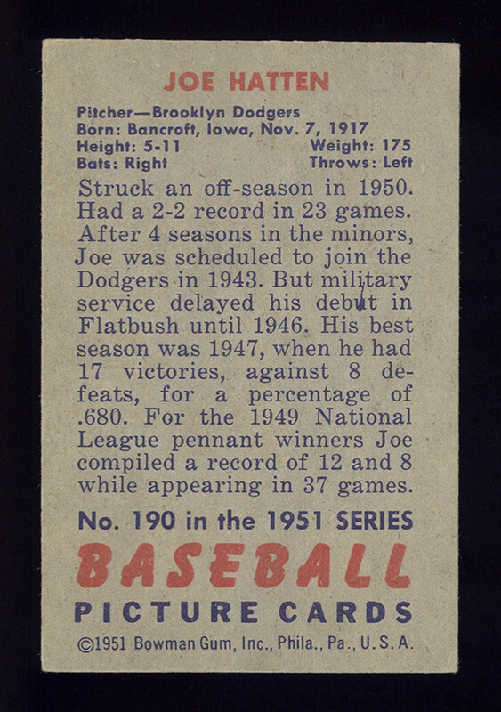 1951 BOWMAN BASEBALL CARD #190 JOE HATTEN HQ AUTOGRAPHED SIGNED ...